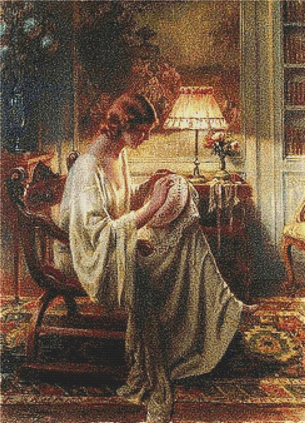 A Lady Sewing In An Interior - X Squared Cross Stitch – Half Moon Stitchery